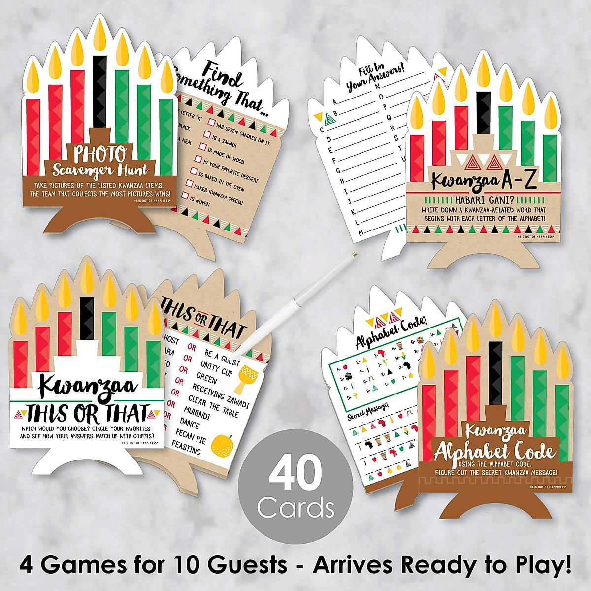 Big Dot of Happiness Happy Kwanzaa - 4 African Heritage Holiday Games - 10 Cards Each - Gamerific Bundle