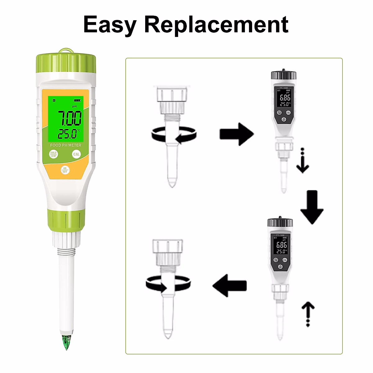 GISNPA Digital Food pH Meter Spear Probe, 0.01 Resolution High Accuracy Food pH Tester Electrode, Replaceable Probe Electrode for Solid and Liquid Soft Soil Sample, YY-2030P