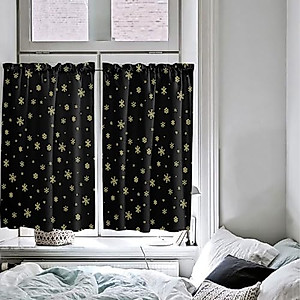 Gold Snowflakes Kitchen Curtain Tier Curtains 45 Inch Long 2 Panels Set, Rod Pocket Window Curtain Drapes Cafe Window Treatments for Living Room Bedroom Seasonal Winter Christmas Black Backdrop