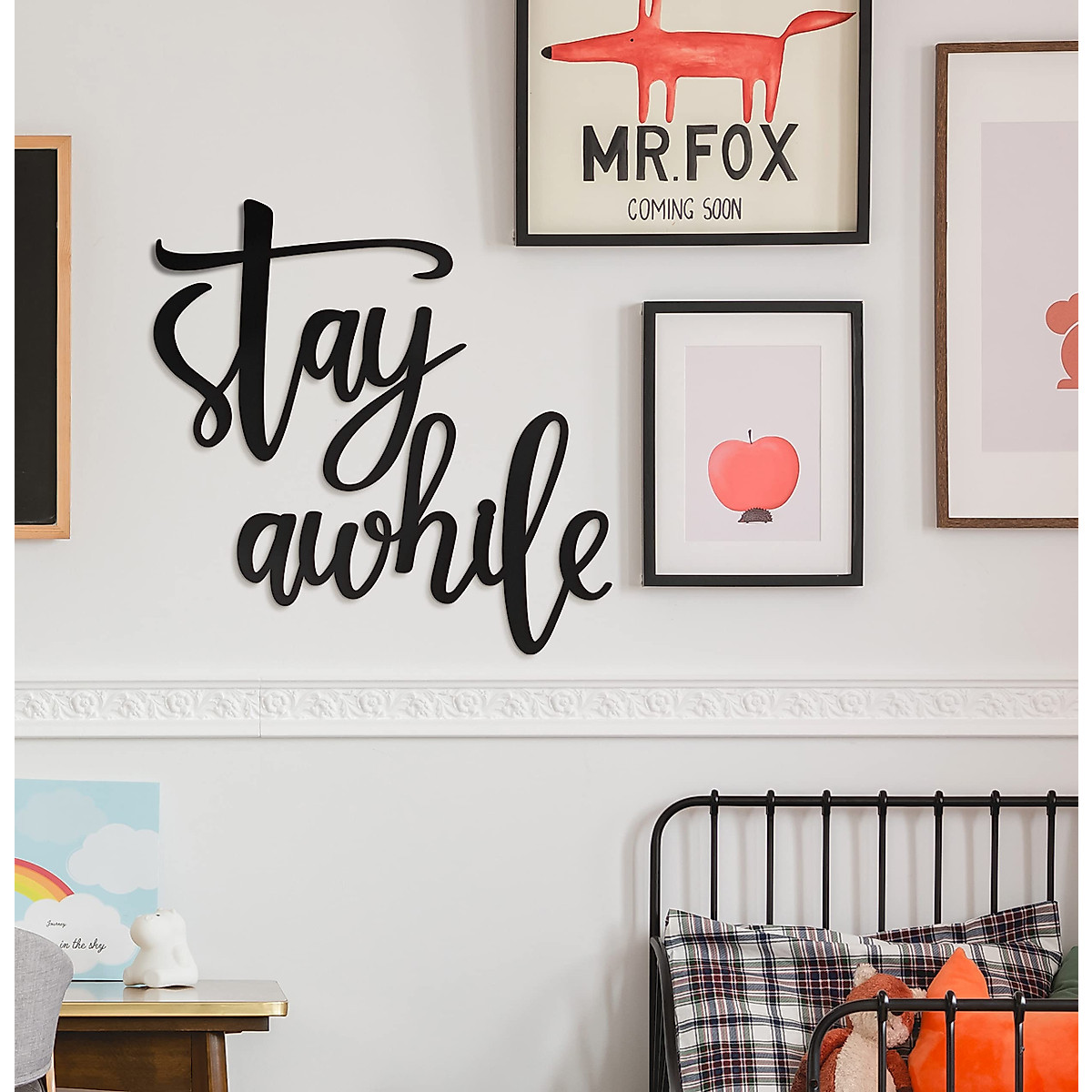 Vivegate Stay Awhile Metal Wall Art Sign - 2 Pieces Black Stay Awhile Wall signs for Home Wall Decor Entryway Wall Decor (Medium - 28"X12")