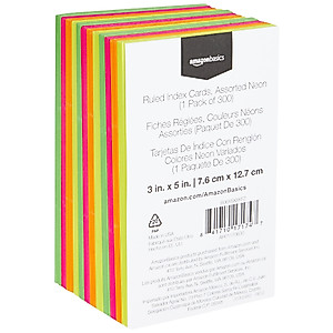 Amazon Basics Ruled Index Flash Cards, Assorted Neon Colored, 3x5 Inch, 300-Count