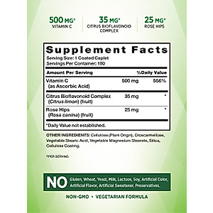 Vitamin C with Rose HIPS and Bioflavonoids | 500mg | 100 Caplets | Vegetarian, Non-GMO & Gluten Free | by Nature's Truth.