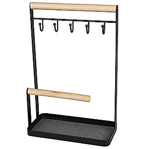 Creative Home Metal 2-Tier Jewelry Tree Stand Hanger Storage Organizer with Black Powder Coating Acacia Wood Hanger Bar for Necklaces Bracelets Earrings Watches Jewelry Display, 4" x 7.9" x 12" H
