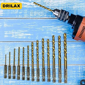 Drill Bit Set Titanium Coated Quick Change HEX Shank Drill Bit Set for Wood Soft Metal Plastic Improved Design 1/16” to 1/4” Holder Included Twist Drill Bit Set High Speed Steel