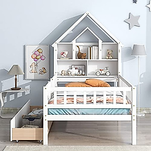 OPTOUGH Twin Size House-Shaped Storage Headboard Bed,Wooden Bedframe with Full Length Fence Guardrails and Drawers for Kids Teens,No Spring Box Needed,White