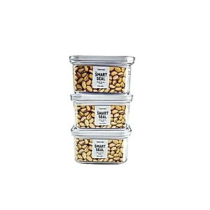 Neoflam Airtight Smart Seal Food Storage Container (Set of 3) | Crystal Clear Body | Modular, Stackable, Nestable Design (0.6L. Square)