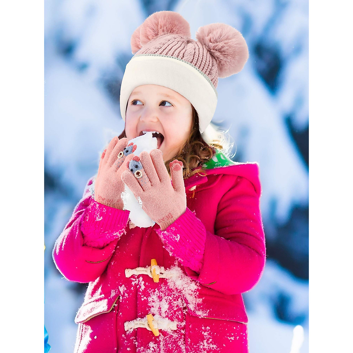 SATINIOR Kid Girls Winter Hat Gloves Set Pink Fleece Lined Warm Ski Mask Earflap Hood Skull Caps Cable Knit Gloves for Cold Weather