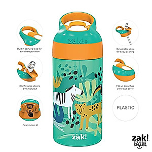 Zak Designs 16oz Riverside Kids Water Bottle with Spout Cover and Built-in Carrying Loop, Made of Durable Plastic, Leak-Proof Design for Travel (Dino Camo & Safari, Pack of 2)