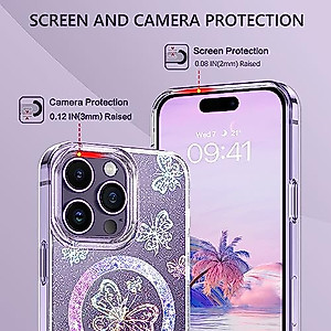 GUAGUA for iPhone 14 Pro Max Magnetic Case, Compatible with Magsafe Clear Glitter Butterfly Slim TPU Transparent Shockproof Protective Bling Phone Case for iPhone 14 Pro Max 6.7", Fantasy Butterfly