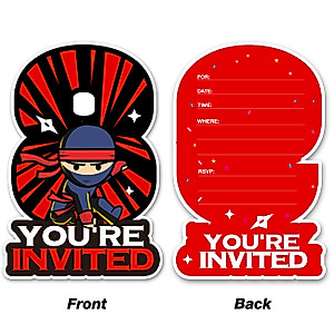 20 Ninja 8th Birthday Party Invitations with Envelopes Double Sided Ninja Shaped Fill-in Invitations Invites for 8 Year Old 20 Ninja