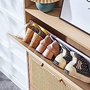 RUNOLIG Rattan Shoe Cabinet, Hidden Shoe Storage with Rattan Mesh Design and 2 Hanging Hooks, Wood Shoe Organizer with 3 Flip Down Drawers and 2 Storage Drawers, Narrow Shoe Cabinet for Entryway