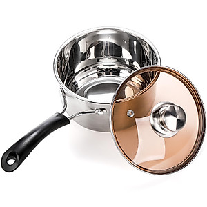 ZEAYEA Saucepan with Glass Lid, 2 Quart Stainless Steel Milk Pan with Long Heatproof Handle, Multipurpose Induction Small Pot for Home Kitchen Restaurant Cooking