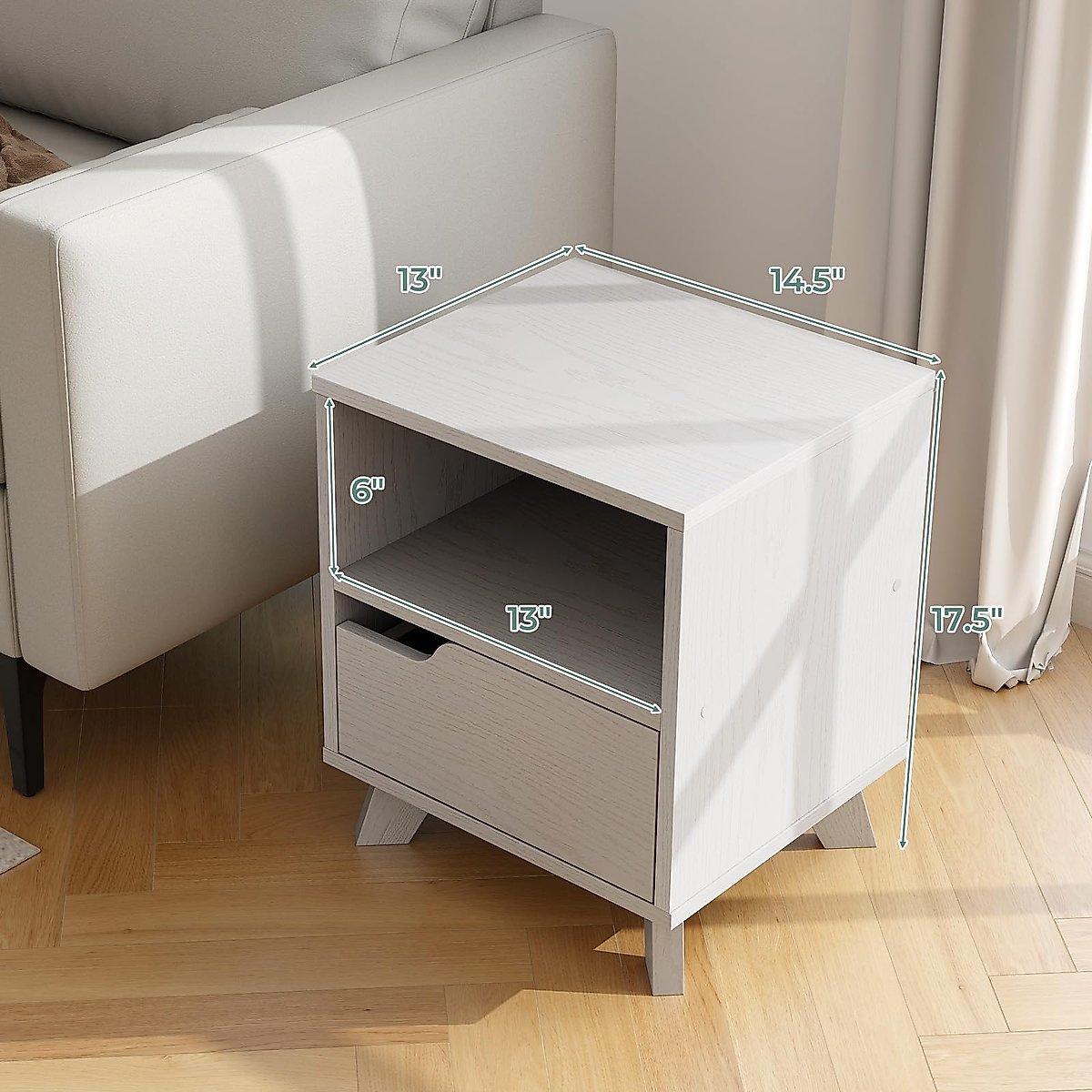 Giantex 2 Tier Nightstand, Mid Century Modern Bedside Table with Storage Drawer & Open Shelf, Wood Night Stand for Small Spaces, Minimalist Side End Table for Bedroom, Distressed White