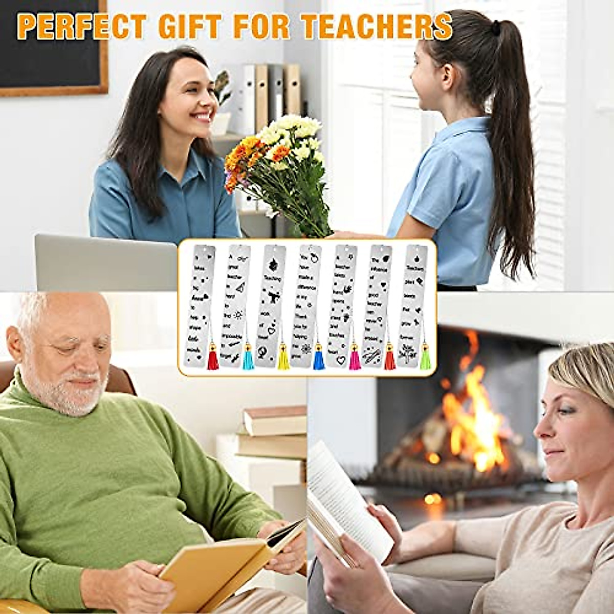7 Pcs Teacher Appreciation Gifts from Students Metal Bookmark Book Page Marker with Pendant for Back to School Tutors Birthday Xmas Graduation Presents for Book Lover Reading Supplies (Silver)