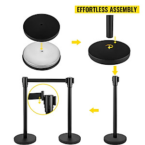 VEVOR Crowd Control Stanchion, Set of 8 Pieces Stanchion Set, Stanchion Set with 6.6 ft/2 m Black Retractable Belt, Black Crowd Control Barrier w/Concrete and Metal Base - Easy Connect Assembly