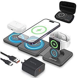 3MATIX 3 in 1 Wireless Charger, Fast Wireless Charging Pad, Travel Charger for Multiple Devices, Foldable 3 in 1 Wireless Charging Station Apple Compatible with iPhone 14/13/12, AirPods 3/2, iWatch