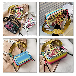 OXYPLAY PU Leather Graffiti Square Bag, Large-capacity Tassel Bag, Shoulder Messenger Bag, Double Zipper Adjustable Wallet (Black)