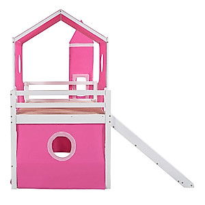 Harper & Bright Designs Full Size Kids Loft Bed with Slide and Tent, House Loft Bed Full with Tower and Ladder, Wood Loft Bed Full Playhouse Bed Frame for Boys Girls Teens (Full,Pink)