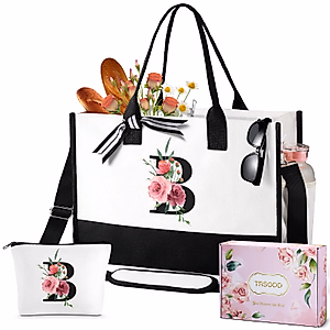 TRSODD Birthday Gifts for Women Mothers Day Gifts for Mom Wife Grandma Daughter Sister Teacher Appreciation Gifts Initial Tote Bag with Adjustable Shoulder Strap and Makeup Bag B