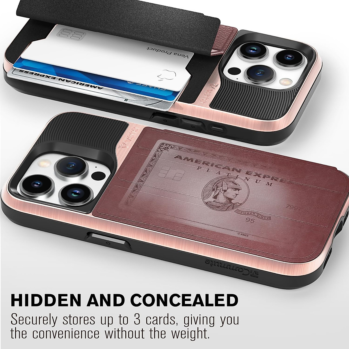 VENA vCommute Wallet Case for Apple iPhone 15 Pro (6.1"), (Military Grade Drop Protection) Flip Leather Cover Card Slot Holder with Kickstand - Rose Gold/Red