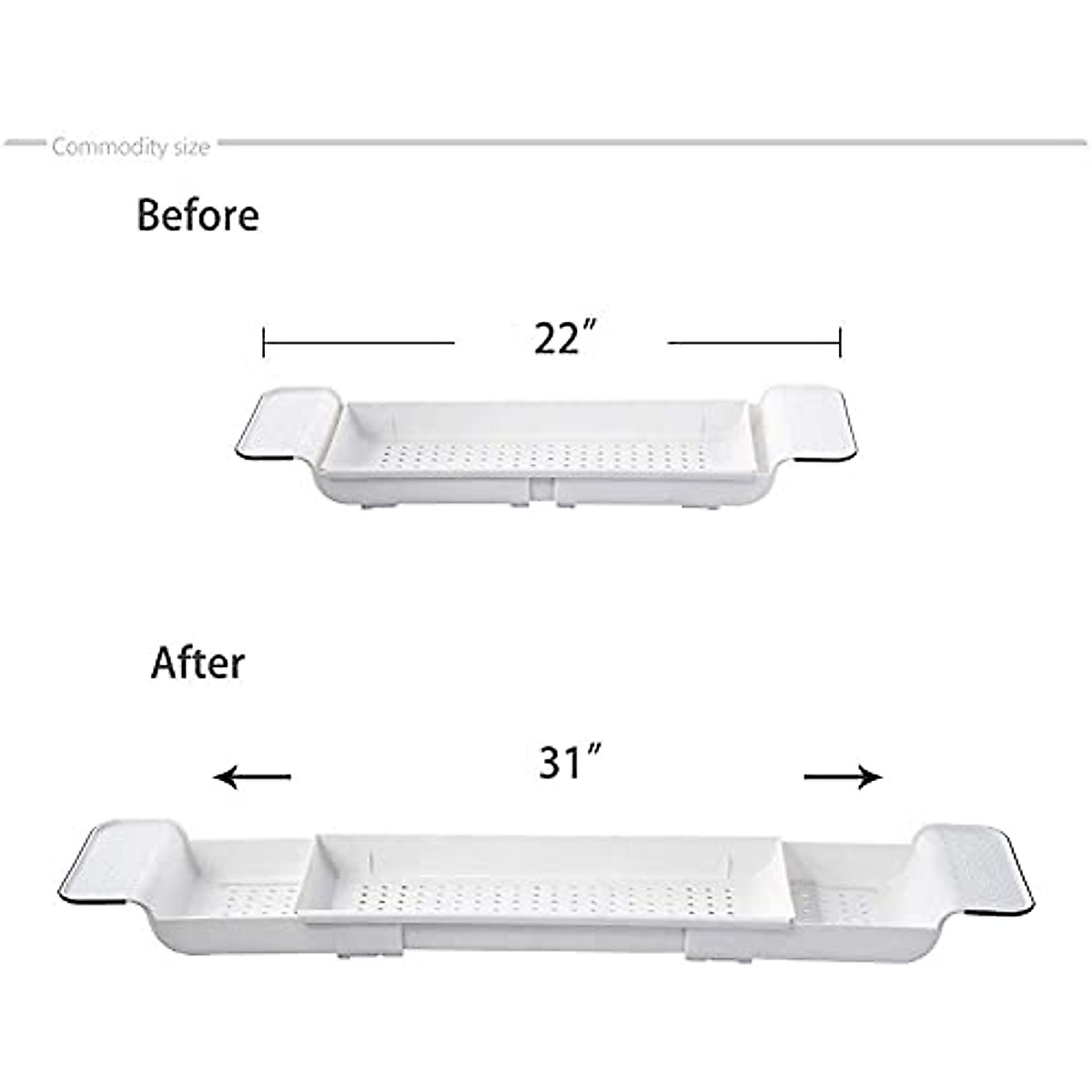 Bathtub Tray Caddy Plastic Shower Organizer Trays with Extending Sides Bath Kitchen Shelf, Fits Most Tubs 31" x 6.7" (White)