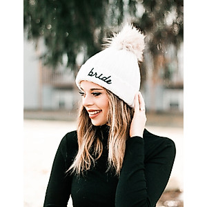 ModParty Bride & Bridesmaid Beanie Hats Knitted with Faux Fur Pom Poms for Women Winter Bachelorette Parties (White)