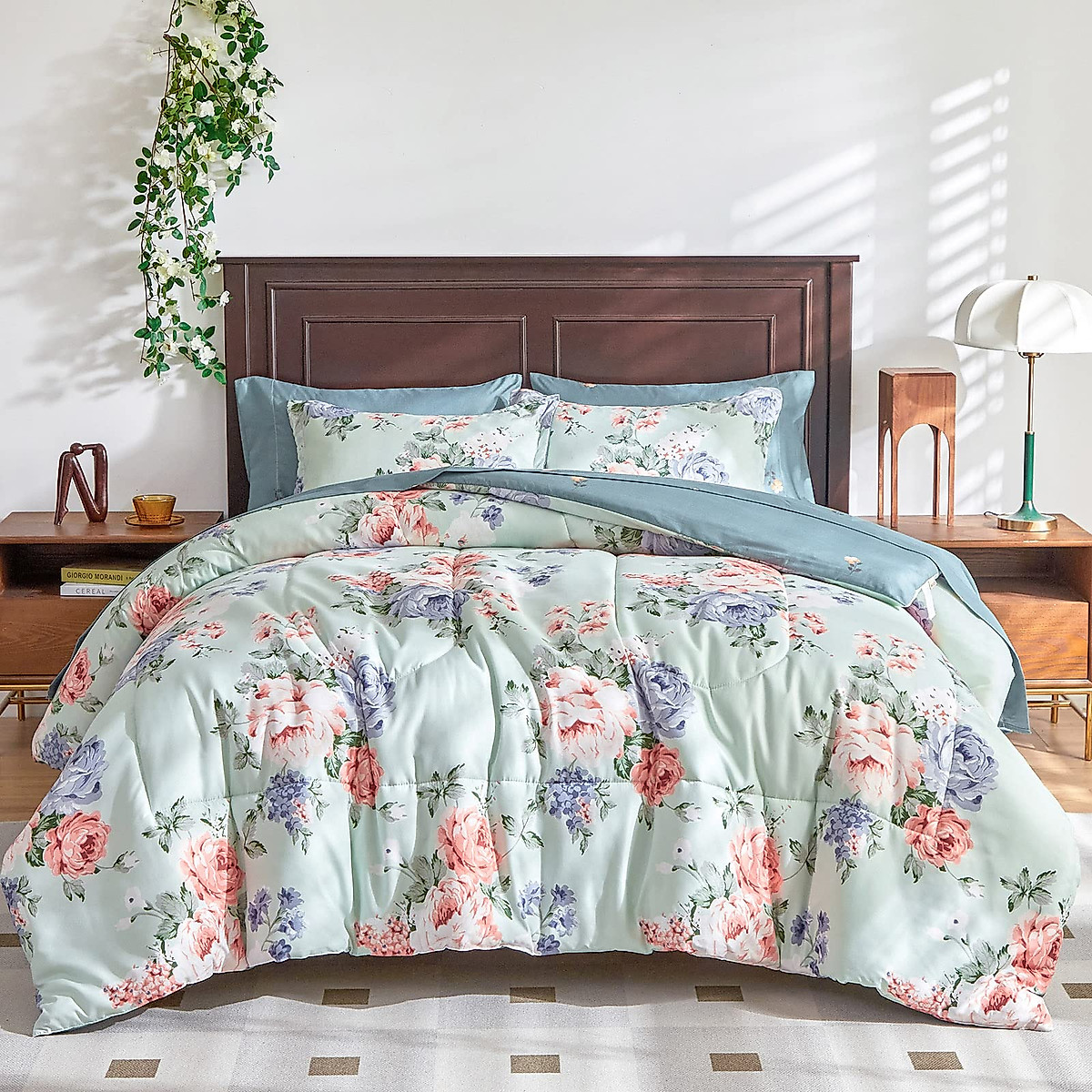 Floral Comforter Sheet Set Bed in a Bag 6 Pieces Twin Size Red Flowers Microfiber Summer Bedding Set (1 Comforter 2 Pillow Shams 1 Flat Sheet 1 Fitted Sheet 1 Pillowcases)