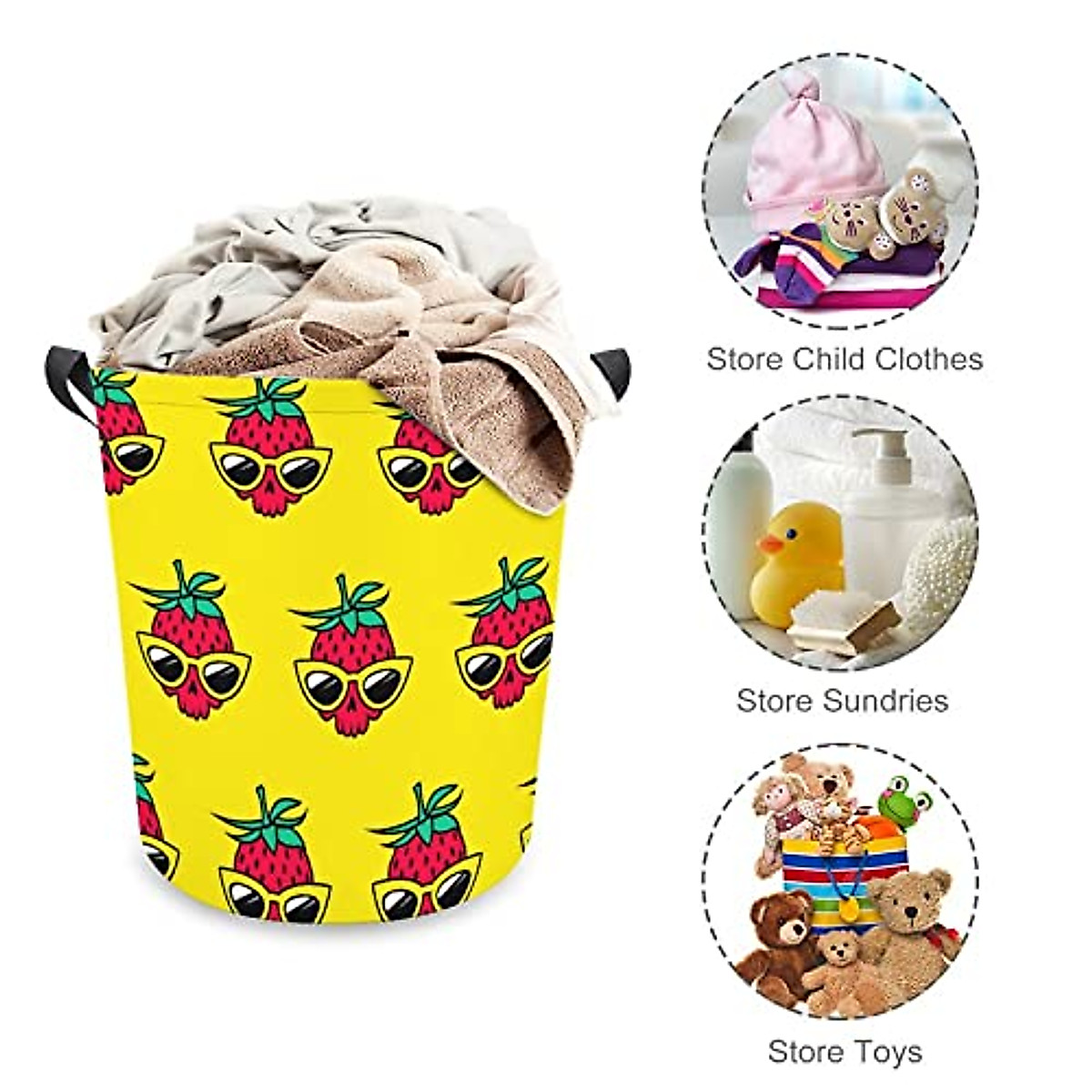 Skull Strawberry Large Laundry Basket Hamper Bag Washing with Handles for College Dorm Portable