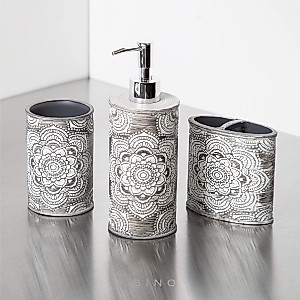 BINO Bathroom Accessories Set - Grey | Soap Dispenser | Toothbrush Holder | Tumbler | 3-Piece Bathroom Organizer Countertop Set | Bathroom Decor | Home Decor | Bathroom Set