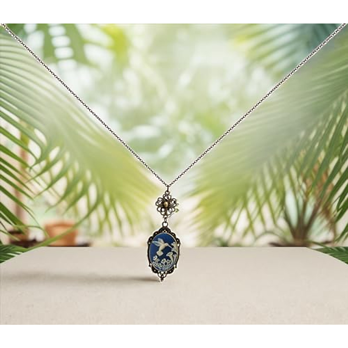 Yspace Lucky Clover Cameo Necklace Best Friend Heart Charms Jewelry 2 Chain Deluxe Gift (Morning glory hummingbird)