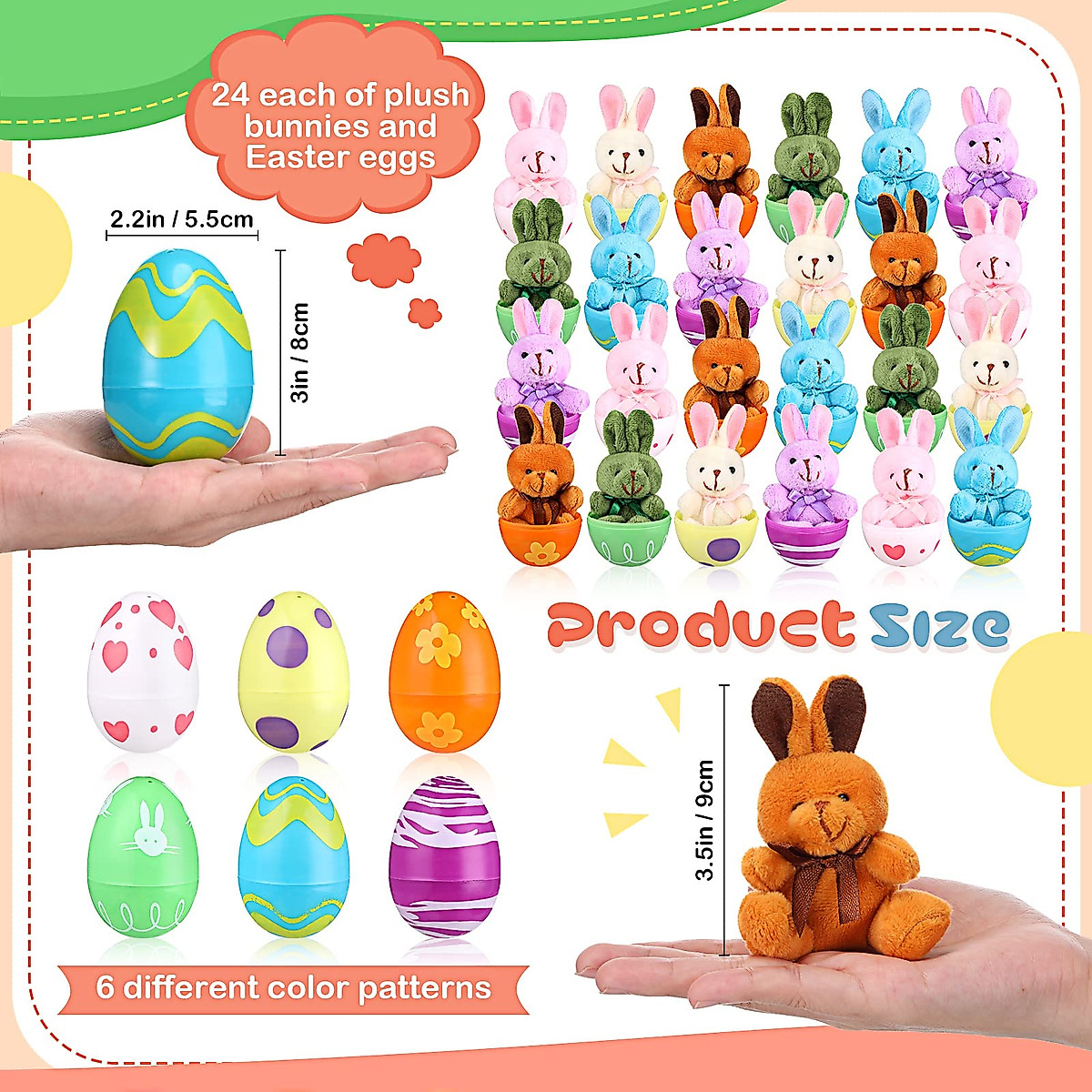 Sumind 48 Pieces Easter Eggs DIY Prefilled with Plush Animals, 3 Inch Plastic Easter Eggs with Stuffed Animals for Easter Party Hunt Game Basket Surprise Bunny Animal Toys(Bunny)