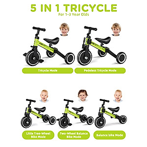 ﻿XJD 5 in 1 Toddler Bike, Tricycle for Toddlers 1-3 with Adjustable Seat Height, Removable Pedals, Ideal Balance Bike Birthday Gifts and Toys for Boys and Girls (Green)