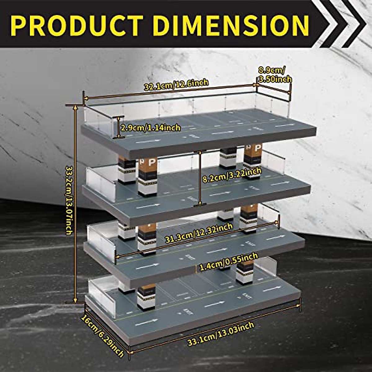 AMLESO Diecast Car Display Case, 1/64 Garage Display Case with Parking Lot Scene for Model Collectors