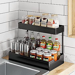 Karlsitek Under Sink Organizer,2-Tier Bathroom Organizer,L-Shape One Sliding Under Cabinet Storage Organizer with 1 Hanging Cup and 4 Hooks,Under Sink Organizers and Storage for Kitchen Bathroom