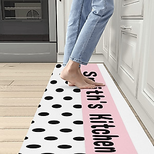 Custom Polka Dot Point Pink Black Kitchen Mats with Name Text Non Slip Soft Rubber Doormats Runner Carpets Rugs for Bathroom Bedroom Laundry Decor 48x17 Inch