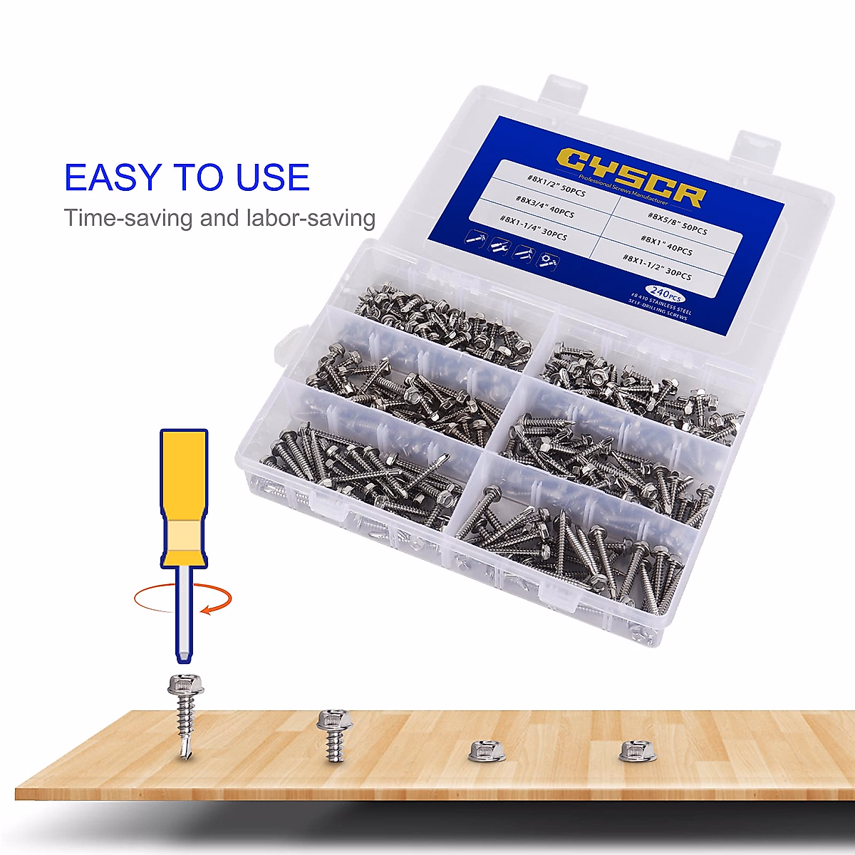 CYSCR #8 Self Tapping Screw Assortment for Metal, M3 Machine Screws 410 Stainless Steel Self Drilling Screws Assortment Kit for Attaches Sheet, 240 PCS