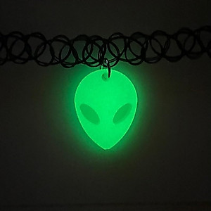 Glow In The Dark Alien Head Choker Necklace, 90s Black Stretch Choker, Womens Rave Festival Accessories, Fun Statement Jewelry, Gift For Her (Glitter)