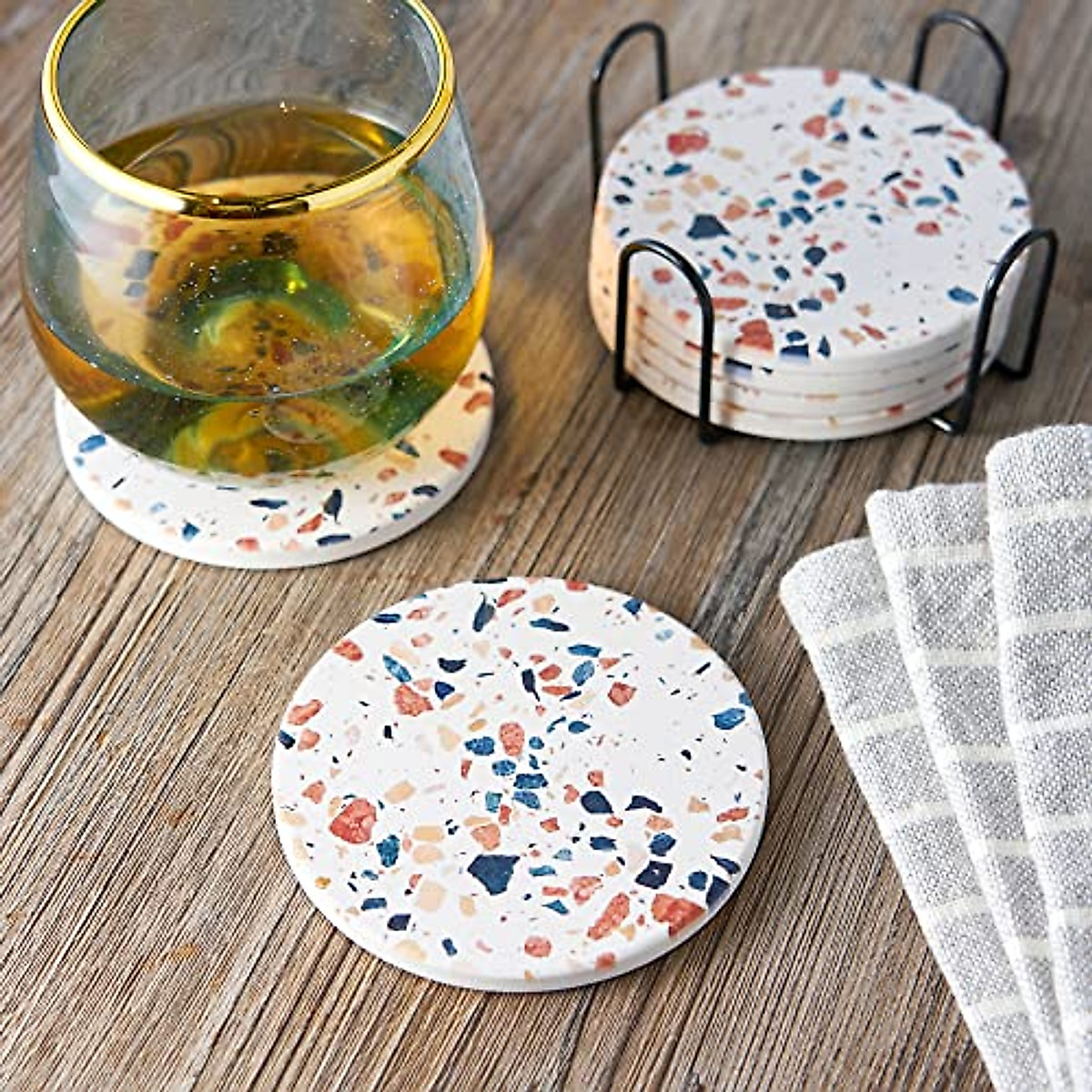 Twine Terrazzo Coasters, Stoneware Coaster Set, White Coasters with Stand, Coffee Table Decor, Set of 6, Multicolor
