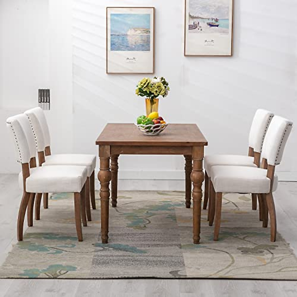 Guyou Farmhouse Cream Dining Chairs Set of 4, Linen Dining Room Chairs with Bronze Nailhead Upholstered Kitchen Side Chairs with Wood Legs for Living Room (Cream)