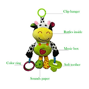 Cute Hanging Stroller Car Seat Toys for Baby, C Clip Hanging Animal Soft Toys with Rattles BB Squeaker Distorting Mirror for Boys Girls 0-36 Months (Green)