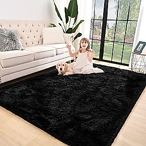 Jelymark Super Soft Shaggy Rug for Bedroom, 4x5.9 Fluffy Carpet for Living Room, Fuzzy Indoor Plush Area Rug for Home Decor, Furry Floor Rugs for Dorm, Cute Kids Nursery Rug for Girls, Black