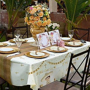 GREHUMOR Mi Bautizo Decoration-First Communion Tablecloth for Boy God Bless,Baptism Party Decoration Christening Party Supplies 2PC