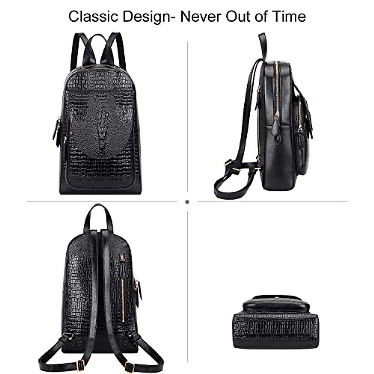 PIJUSHI Womens Genuine Leather Backpack Purse for Women Crocodile Leather Backpack (66512 Black Croco)