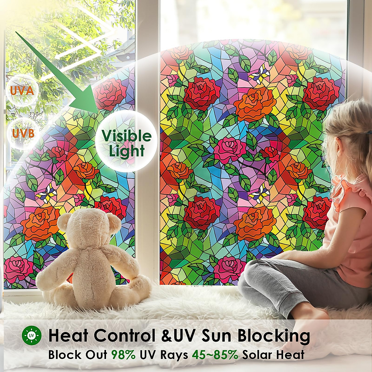 DKTIE Window Privacy Film with Installation Tools, Static Cling Rose Window Sticker Bathroom Glass Window Decals Non Adhesive for Home Windows (B3565, 17.7" × 78.7")