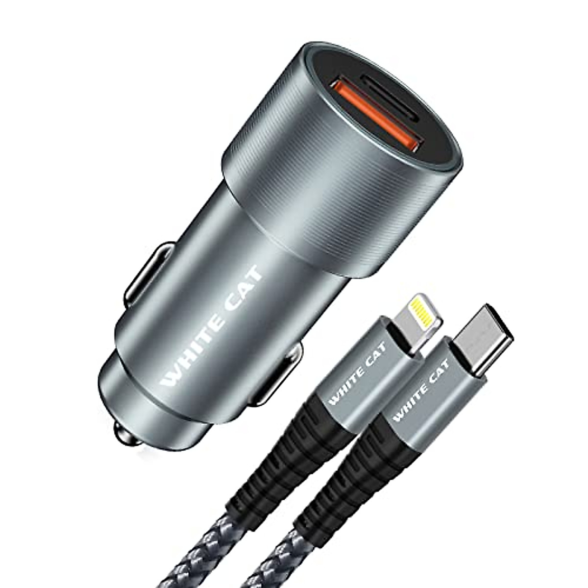 iPhone Car Charger, USB C Fast Car Charger[Apple MFi Certified] White Cat 38W 2-Port PD&QC 3.0 Cigarette Lighter Adapter with 3.3ft USB C to Lightning Cable for iPhone14 13 12 Pro/iPad/AirPods/Samsung