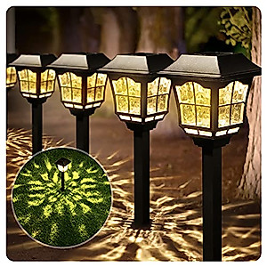 BEAU JARDIN 8 Pack Glass Solar Lights Pathway Landscape Outdoor Garden Waterproof Warm White LED Stainless Steeel Bright Sun Powered Lighting for Yard Path Patio Walkway Stakes Pattern Black BG403