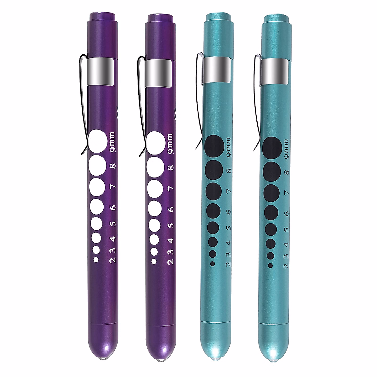 ALMOCN 4 Pack Pen Light,Nurse Medical Reusable LED Penlight White Light with Pupil Gauge and Ruler,2 Pack Teal + 2 Pack Purple