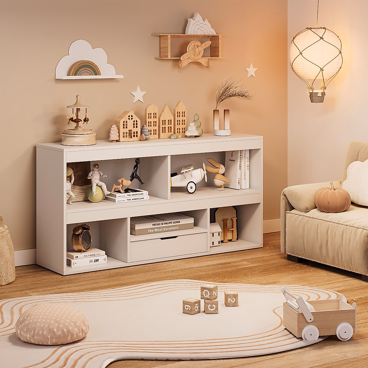 IDEALHOUSE Toy Storage Organizer 5 Cubes Kids Bookshelf with Drawer Wooden Storage Cabinet Playhouse Shelves Cabinet for Boys Girls Toy Bookcase Playroom, Classroom, Nursery, Kids Room