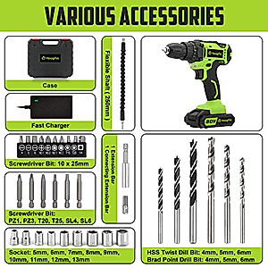 Yougfin Cordless Drill Set, 20V Power Drill Kit with Battery and Charger, 3/8" Keyless Chuck, Variable Speed, 25+1 Torque Setting, 34pcs Accessories Electric Drill Driver