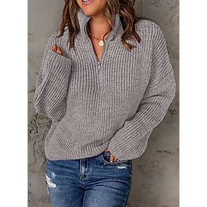 EVALESS Sweaters for Women Cable Knit Long Sleeve Tops Quarter Zip Pullover Sweater for Women Dressy Casual Fall Outfits Trendy 2024 Winter Work Clothes Sexy V Neck Oversized Gray Sweater，Small